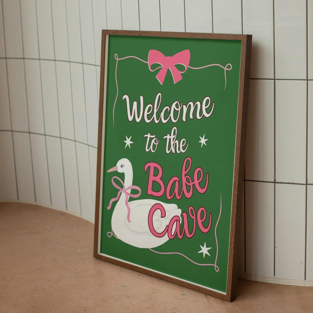 Babe Cave Print, Girly Coquette Aesthetic Dorm Wall Art, Pink Bow, White Swan Printable, Elegant ...