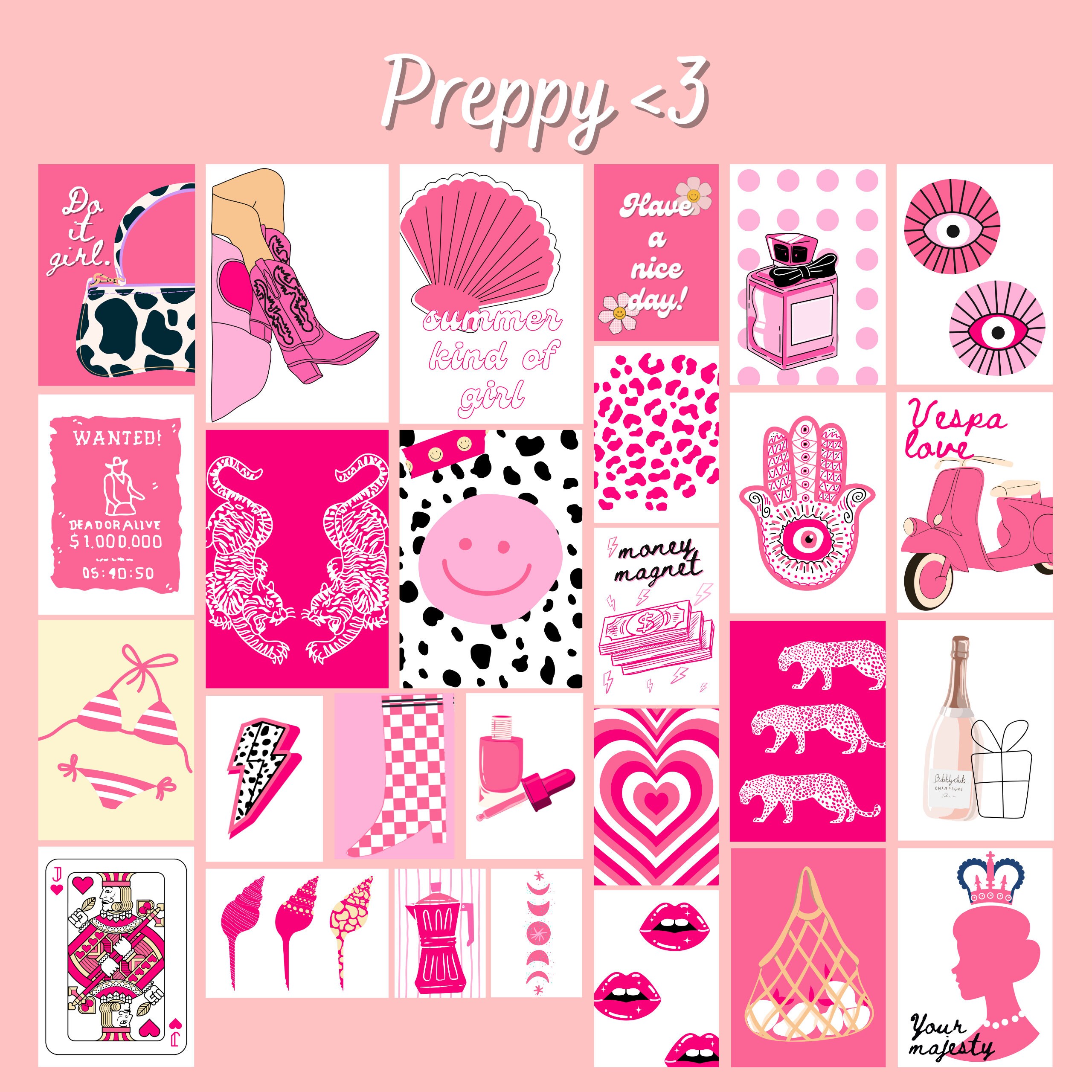 Preppy Wall Collage, 50 PCS, Aesthetic Wall Prints, Pink Cowboy Boots ...
