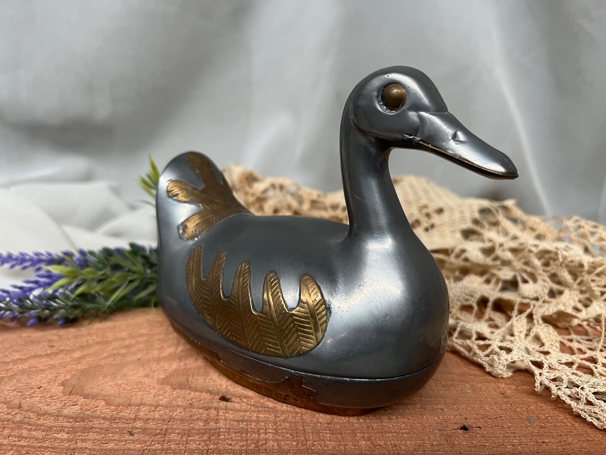 Vintage Pewter and Brass Duck Trinket Dish - Etsy