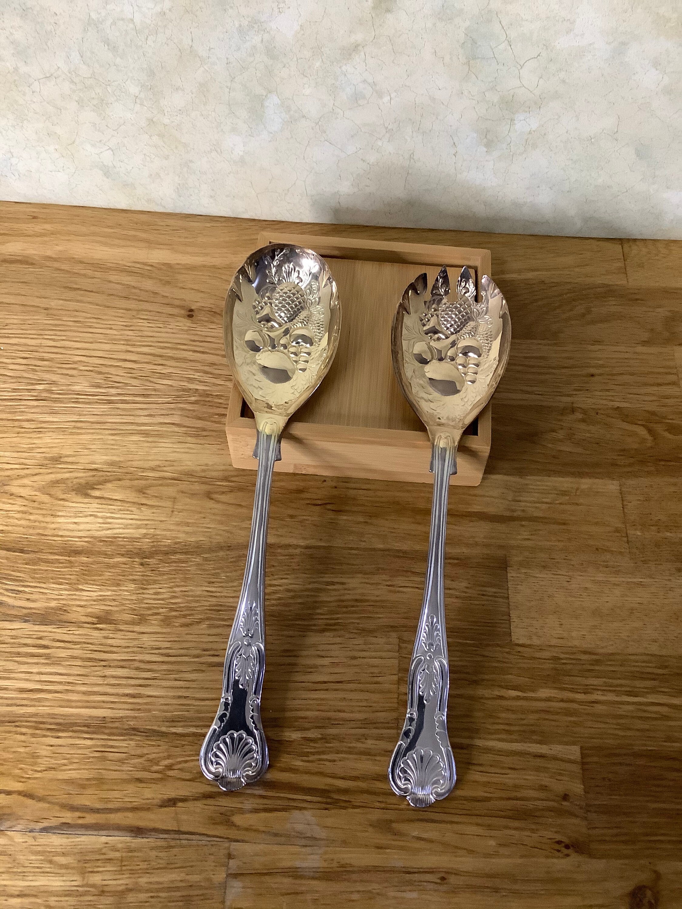Sheffield England Silver Plate Salad Servers, Kings Pattern With Gold ...