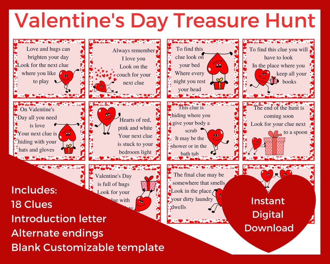 Valentine's Day Treasure Hunt Clues for Kids; Valentines Scavenger Hunt ...