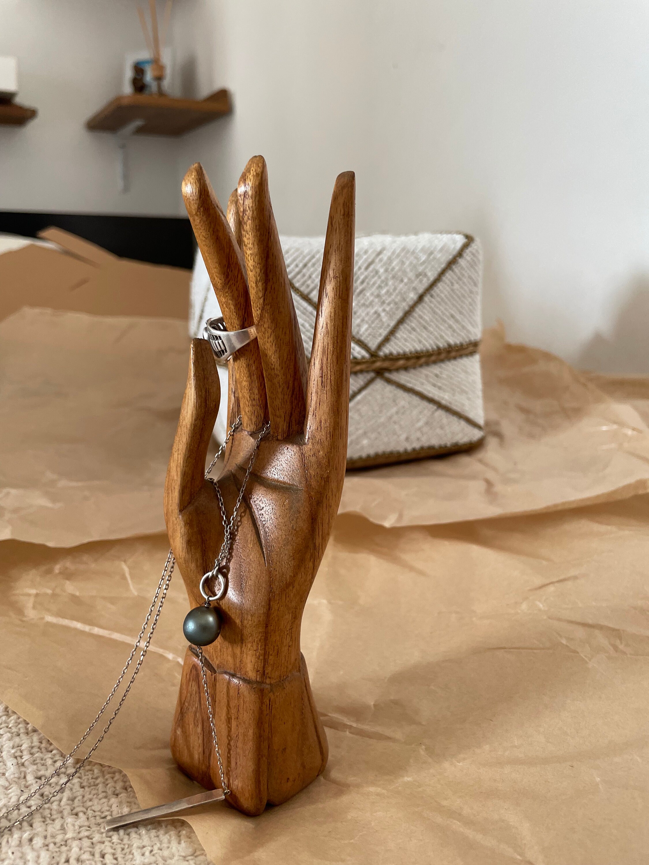 Wooden hand jewelry holder store