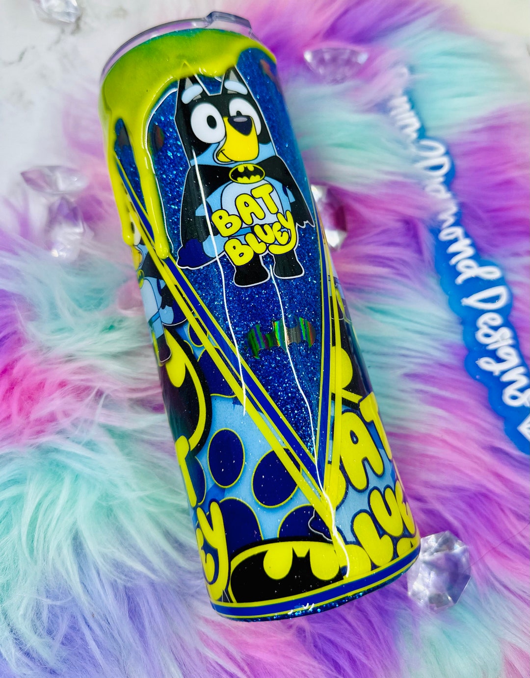 Unique Bluey Batman Theme Tumbler 24oz Glitter Drinkware Personalized ...