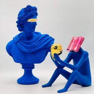 Blue Apollo Statue With Gold Mask, Greek God Street Art Apollon Bust ...