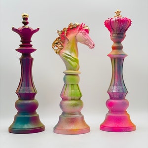 Rainbow Chess Set Statues, King, Queen and Knight Sculpture, Unique ...