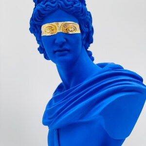 Blue Apollo Statue With Gold Mask, Greek God Street Art Apollon Bust ...