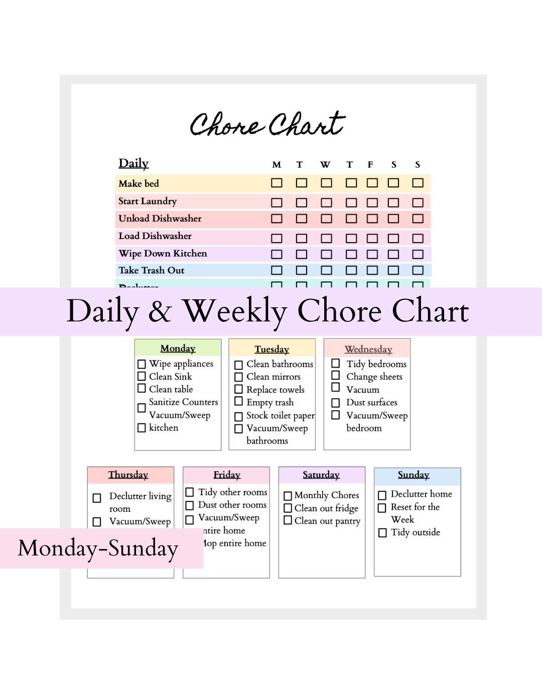 Chore Chart Daily & Weekly - Etsy