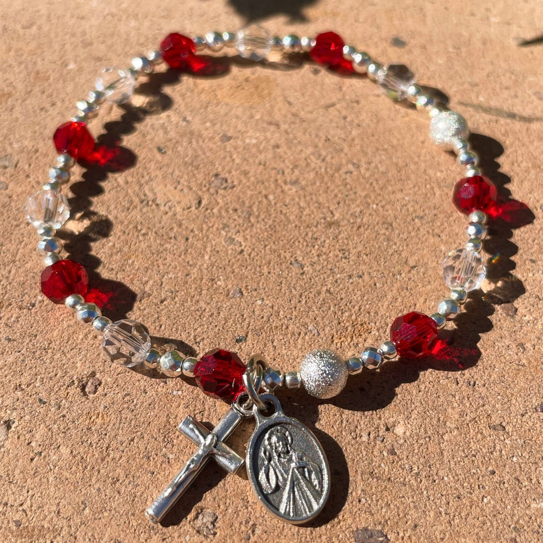 Divine Mercy Chaplet Bracelet, Red Austrian Crystal Beads, Catholic ...