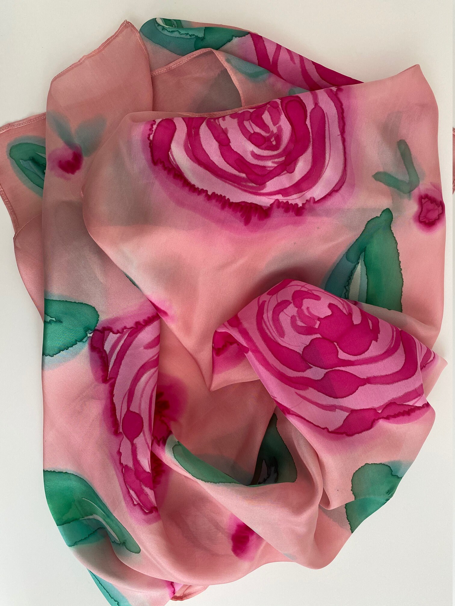 Pink Roses, Hand-painted Silk Scarf, Wearable Art, Gift for Mum, Large ...