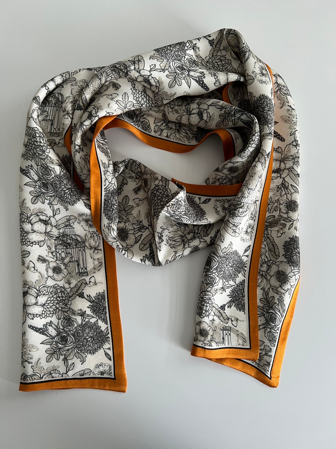 Pure Silk, Floral Design, Black on a Cream Background With Rust Border ...