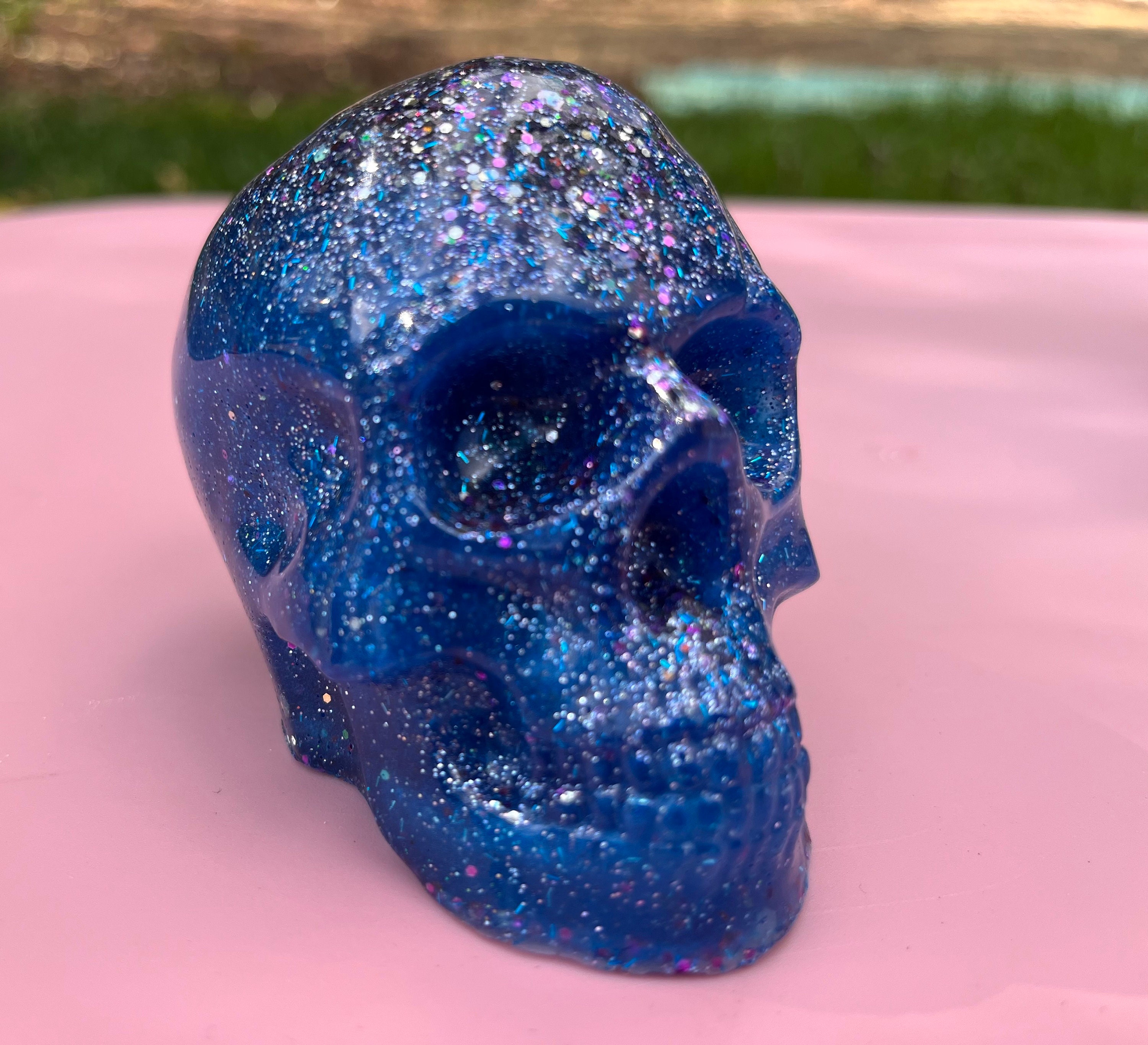 Resin Skull Resin Art Figurine Sparkly Glitter Skull Blue - Etsy
