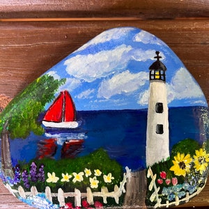 Hand Painted Lighthouse, Hand Painted Rocks, Housewarming, Paperweight ...