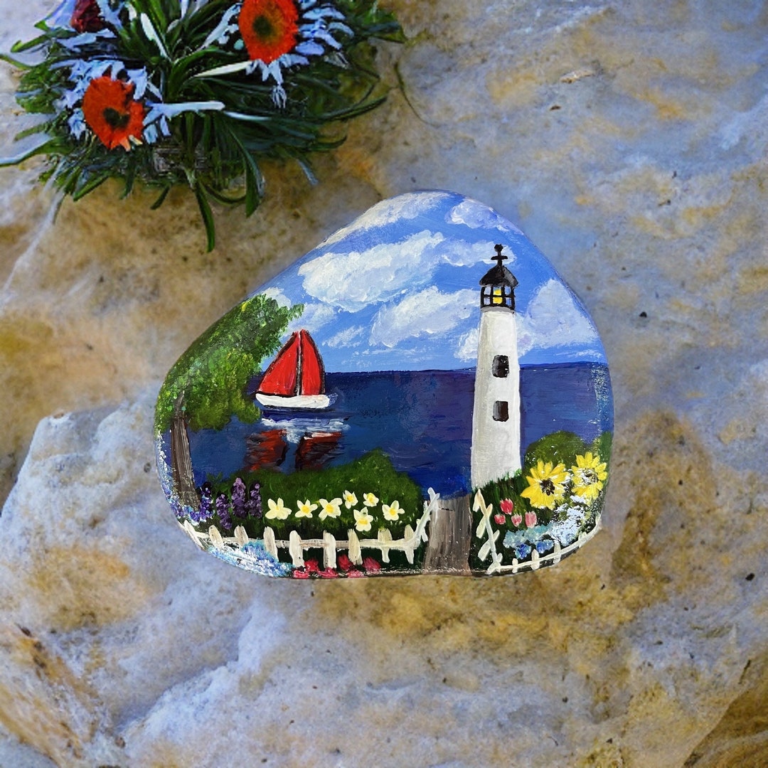 Hand Painted Lighthouse, Hand Painted Rocks, Housewarming, Paperweight ...