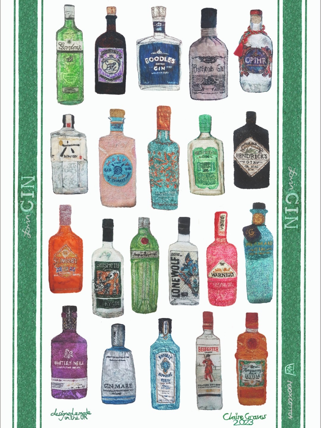 Gin Tea Towel ' Lovin Gin ' Print - Illustration 21 Embroideries ...