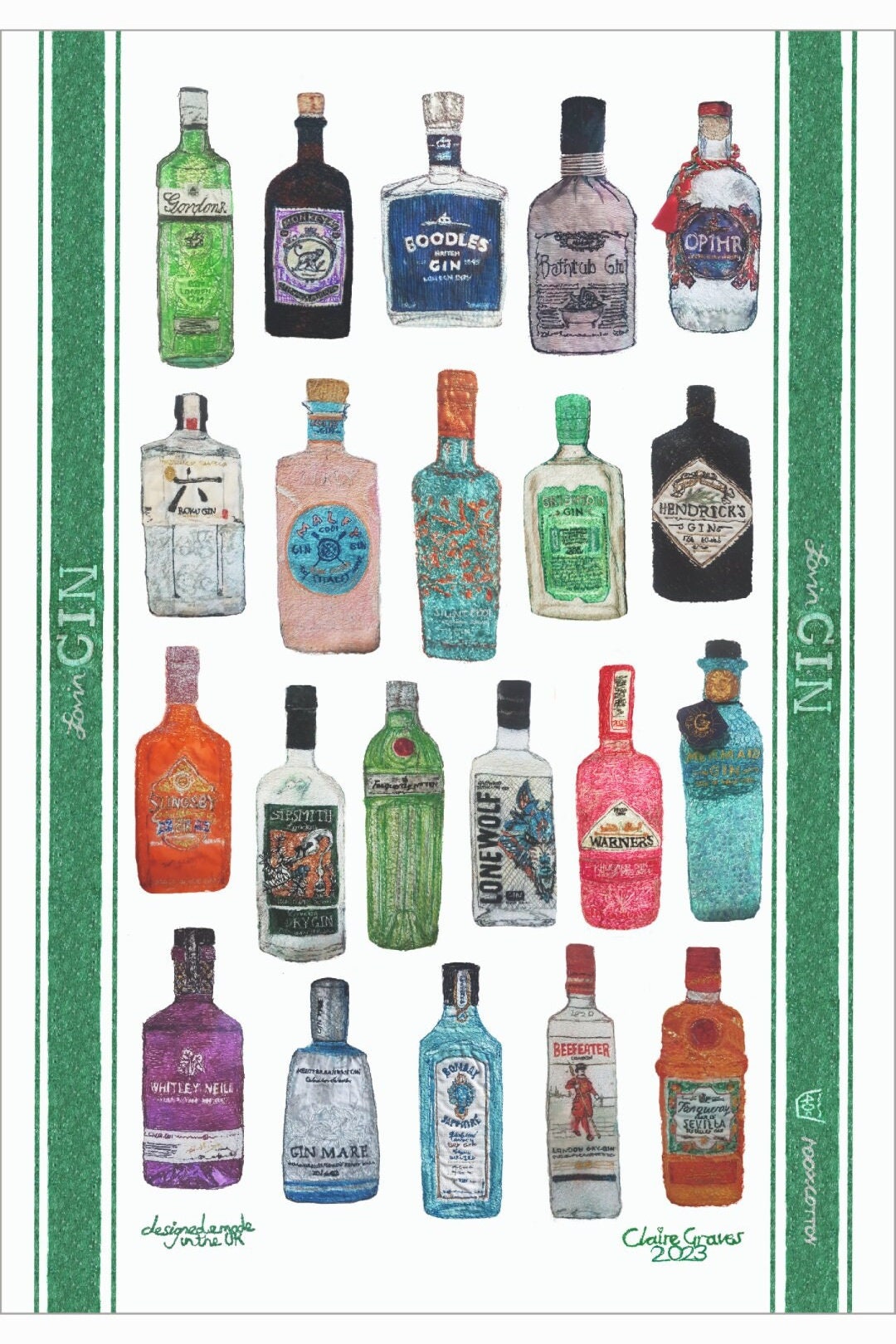Gin Tea Towel ' Lovin Gin ' Print - Illustration 21 Embroideries - Etsy