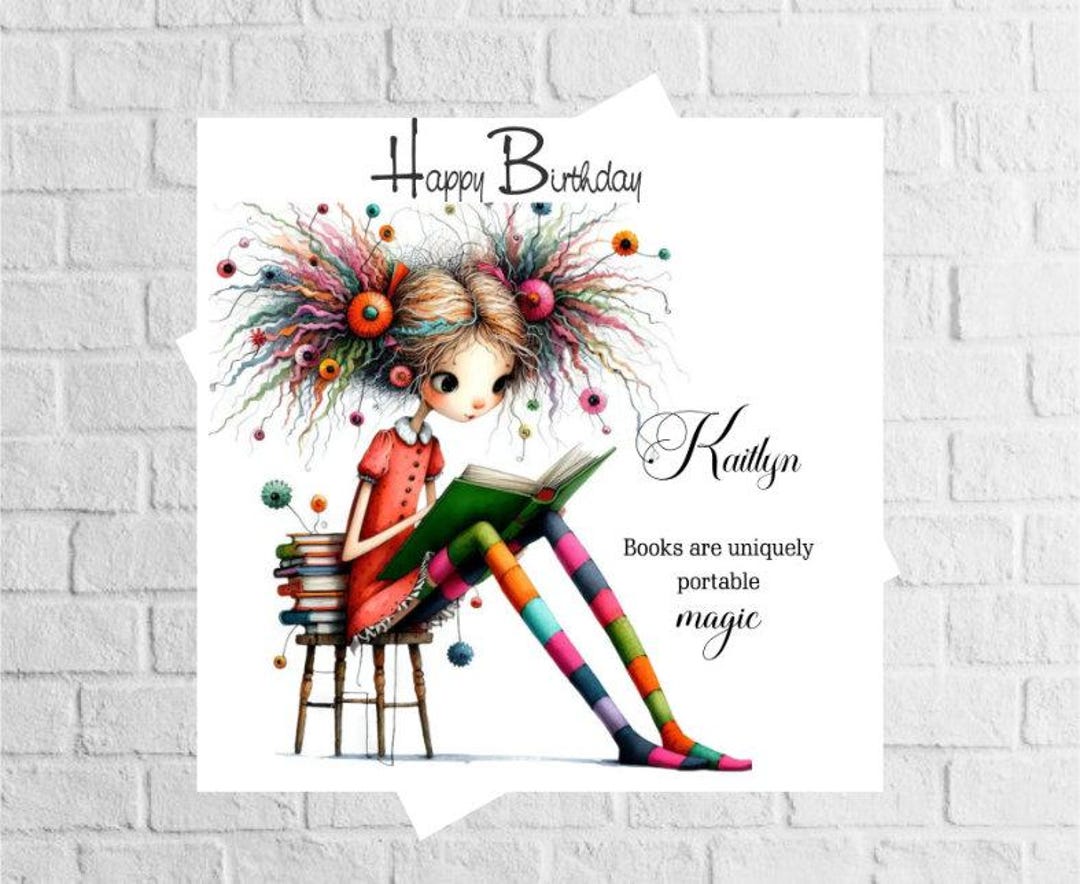 Personalised Birthday Card Quirky Girl Reading, Card for an Avid Reader ...