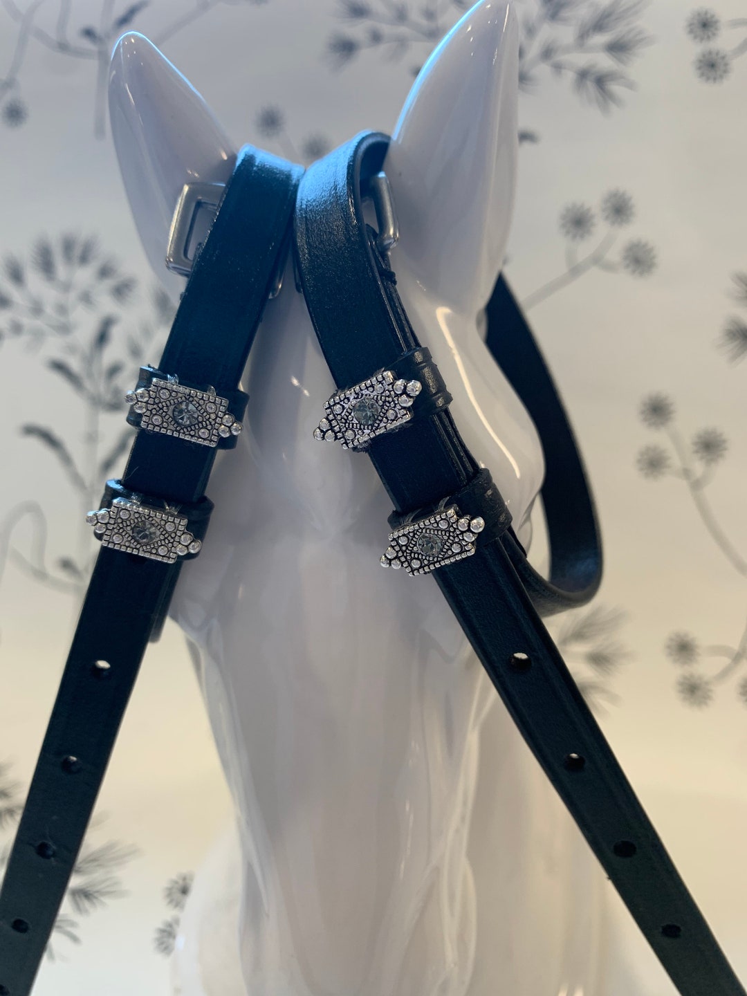 Black English Leather Spur Straps With Hand Sewn Silver/crystal Antique ...