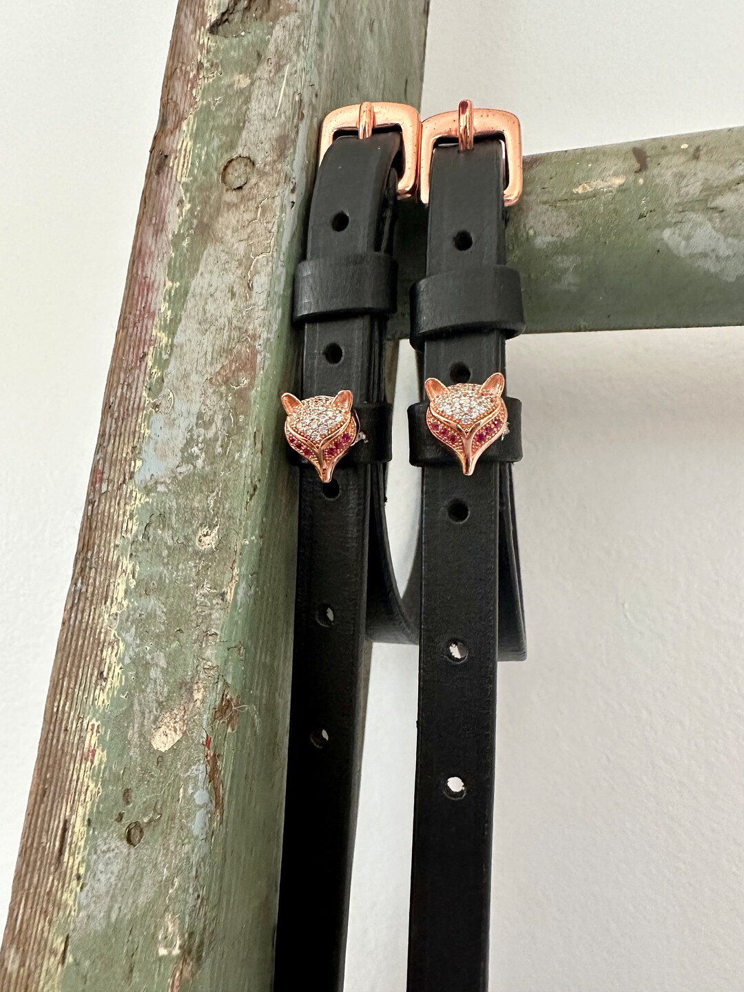 Rose Gold English Leather Spur Straps With Rose Gold Fox Charms - Etsy