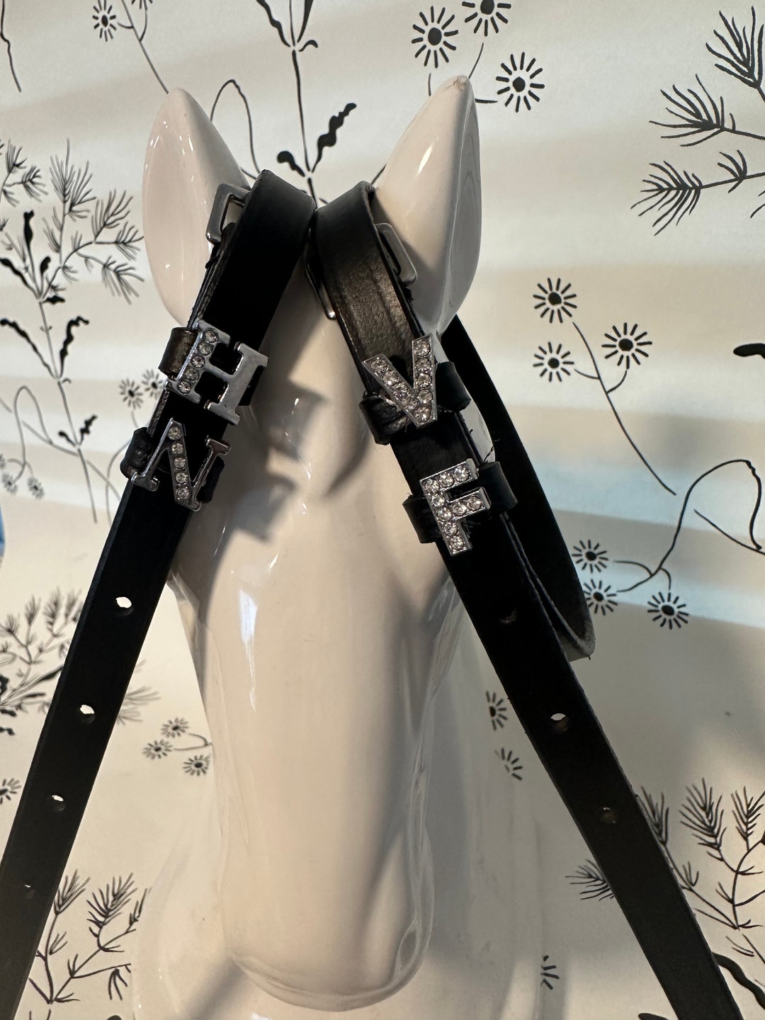 Black English Leather Spur Straps With Crystal Letter Charms - Etsy