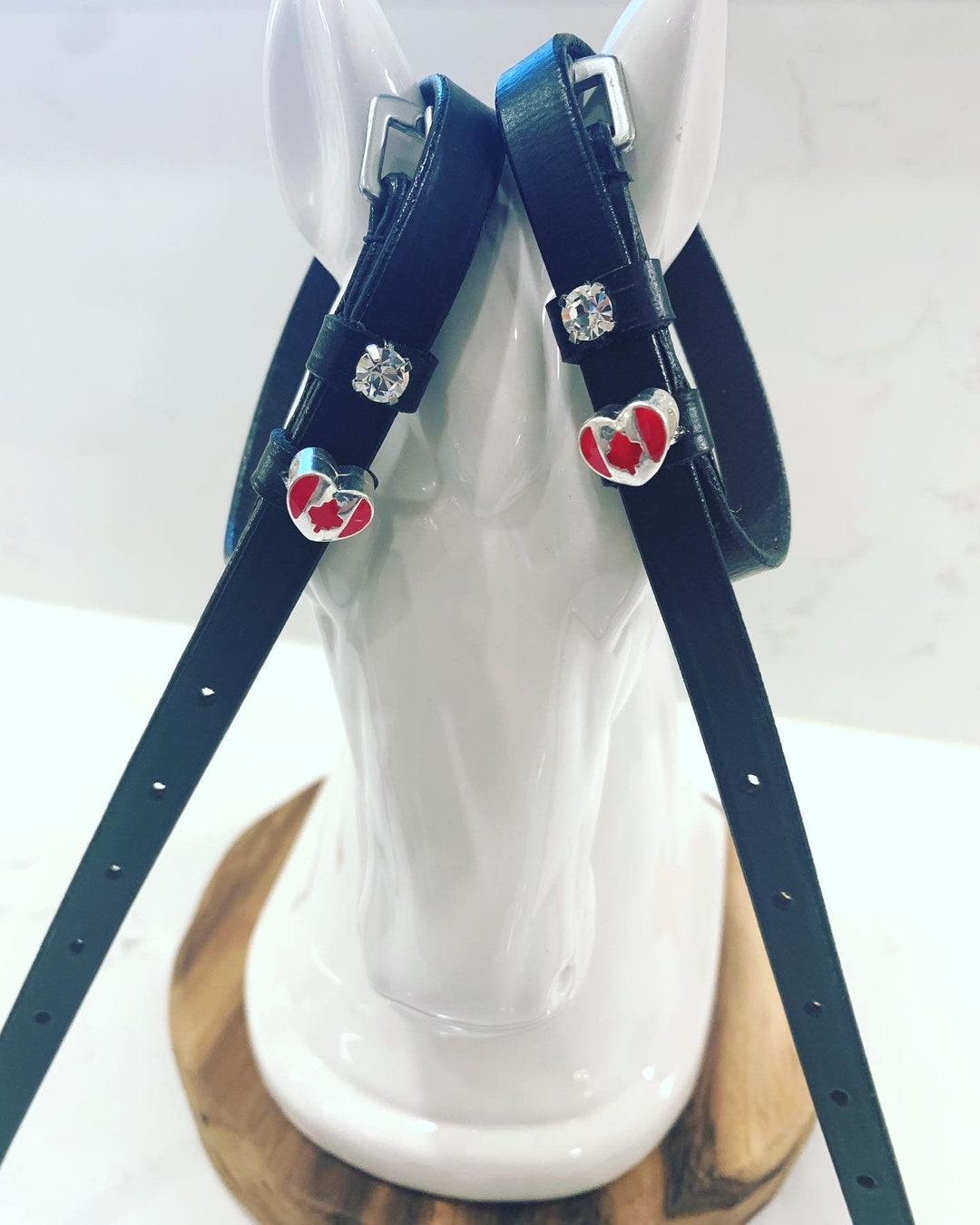 Black English Leather Spur Straps With Heart Flags and Crystal - Etsy