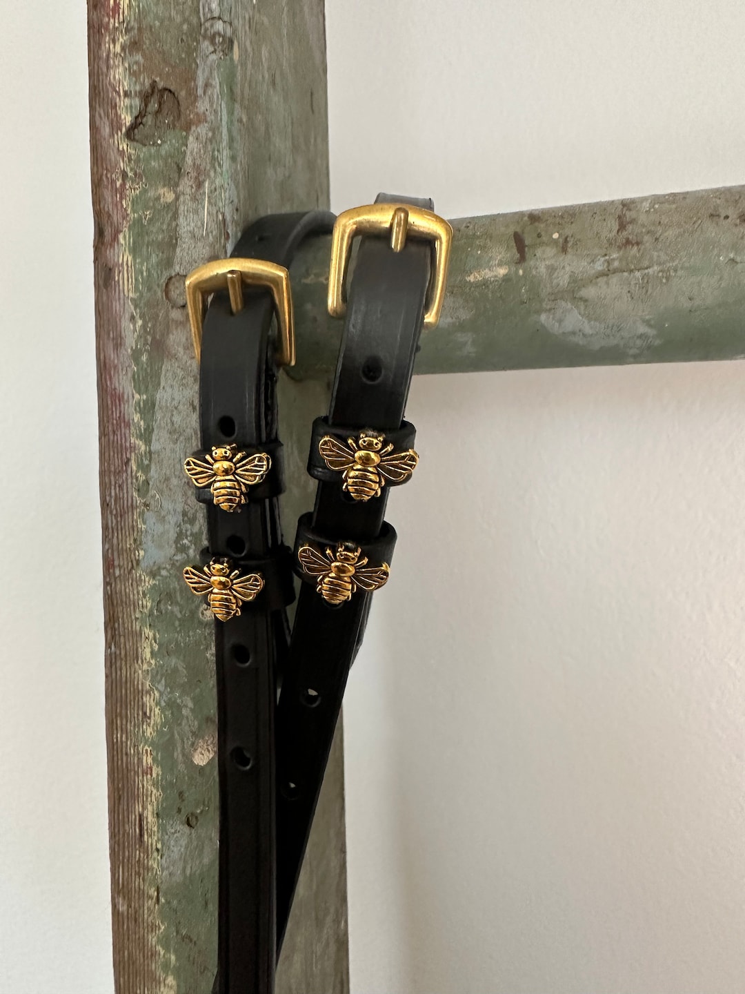 Black English Leather Spur Straps With Solid Brass Buckles and Bee ...