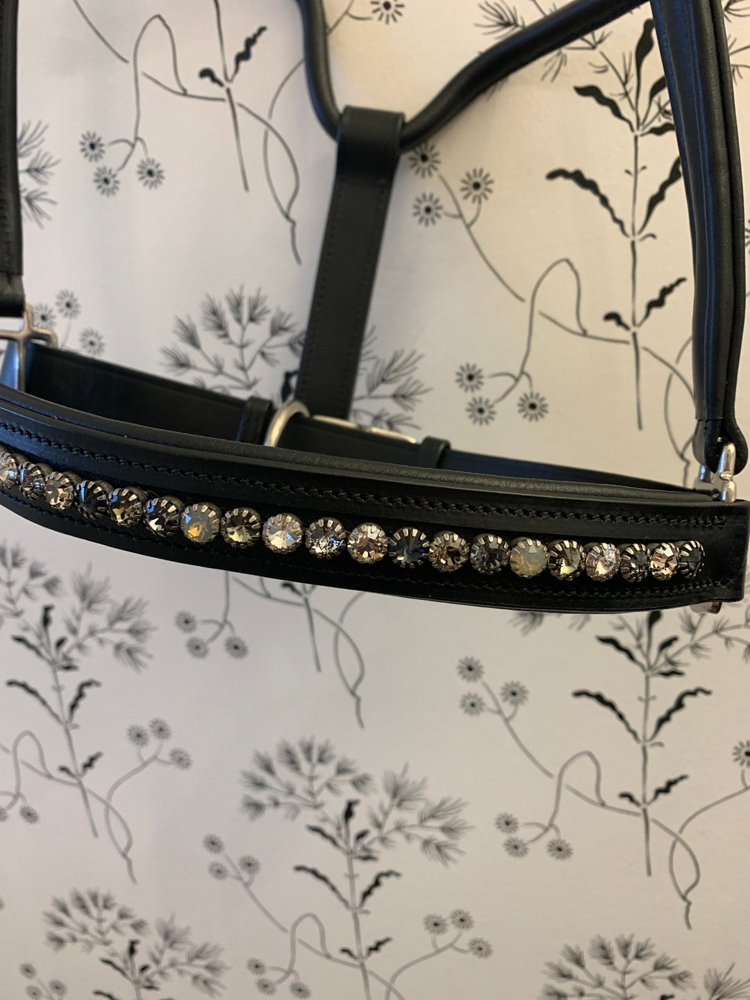 Black English Leather Padded Halter With Crystal Noseband - Etsy
