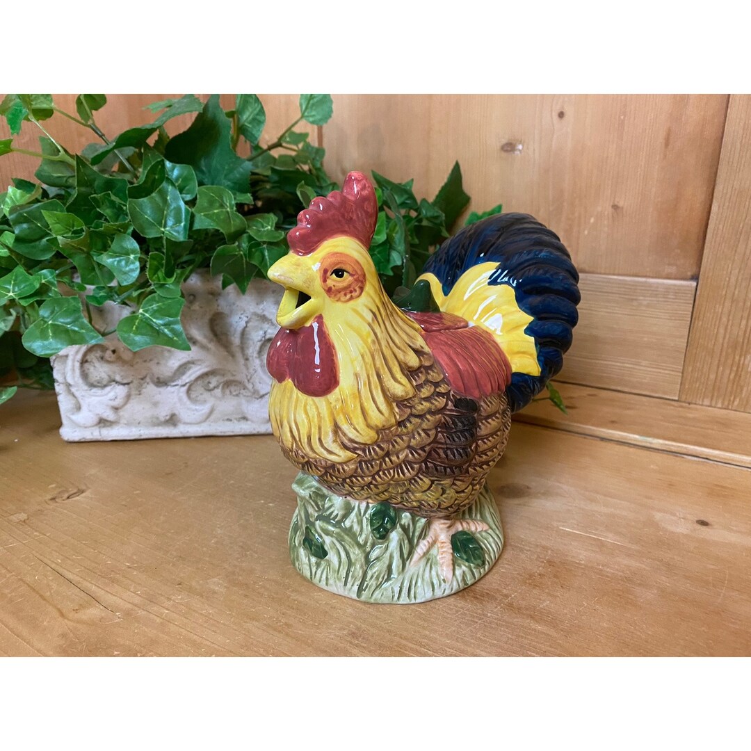 Vintage Brown, Blue and Yellow Rooster Ceramic Tea Pot by WCL Farmhouse ...