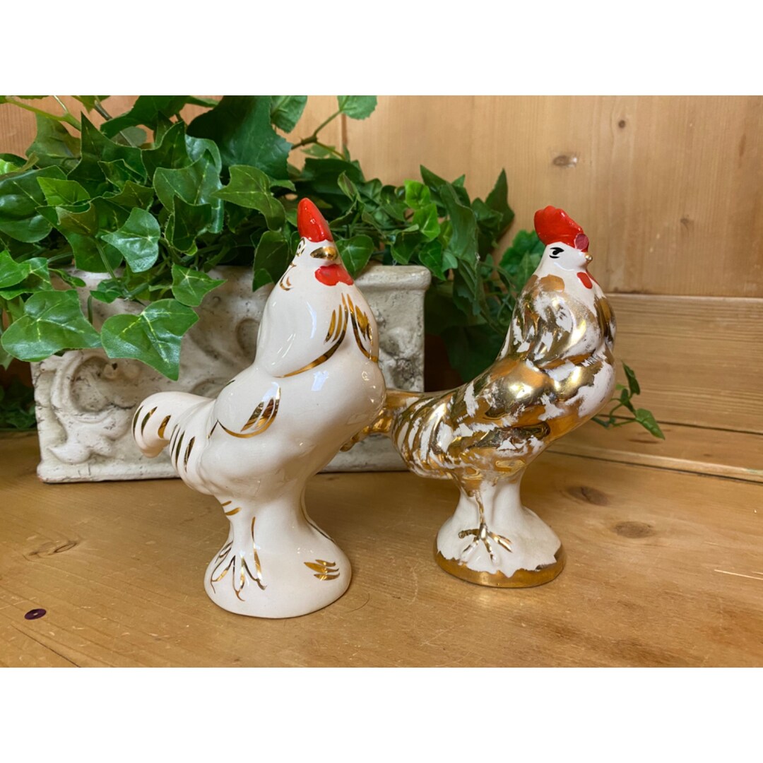 Gold + Cream Ceramic Chicken Figurines | Set of 2 Rooster Hen Painted ...