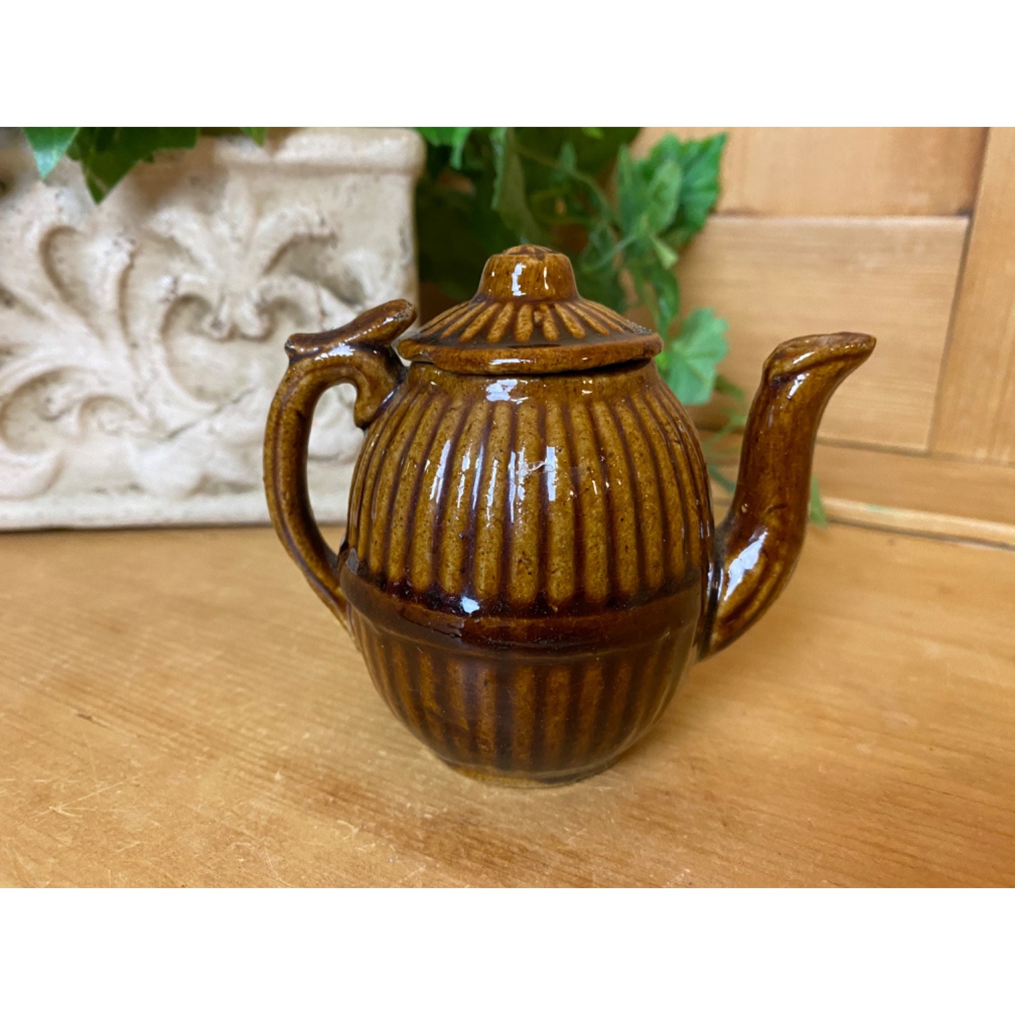 Vintage Miniature Brown Pottery Pitcher With Lid Bennington - Etsy