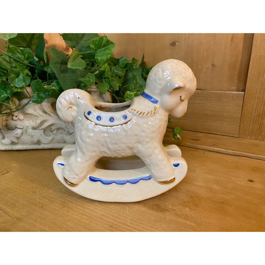 Vintage Ceramic Lamb Rocking Horse Planter | MCM | White and Blue ...