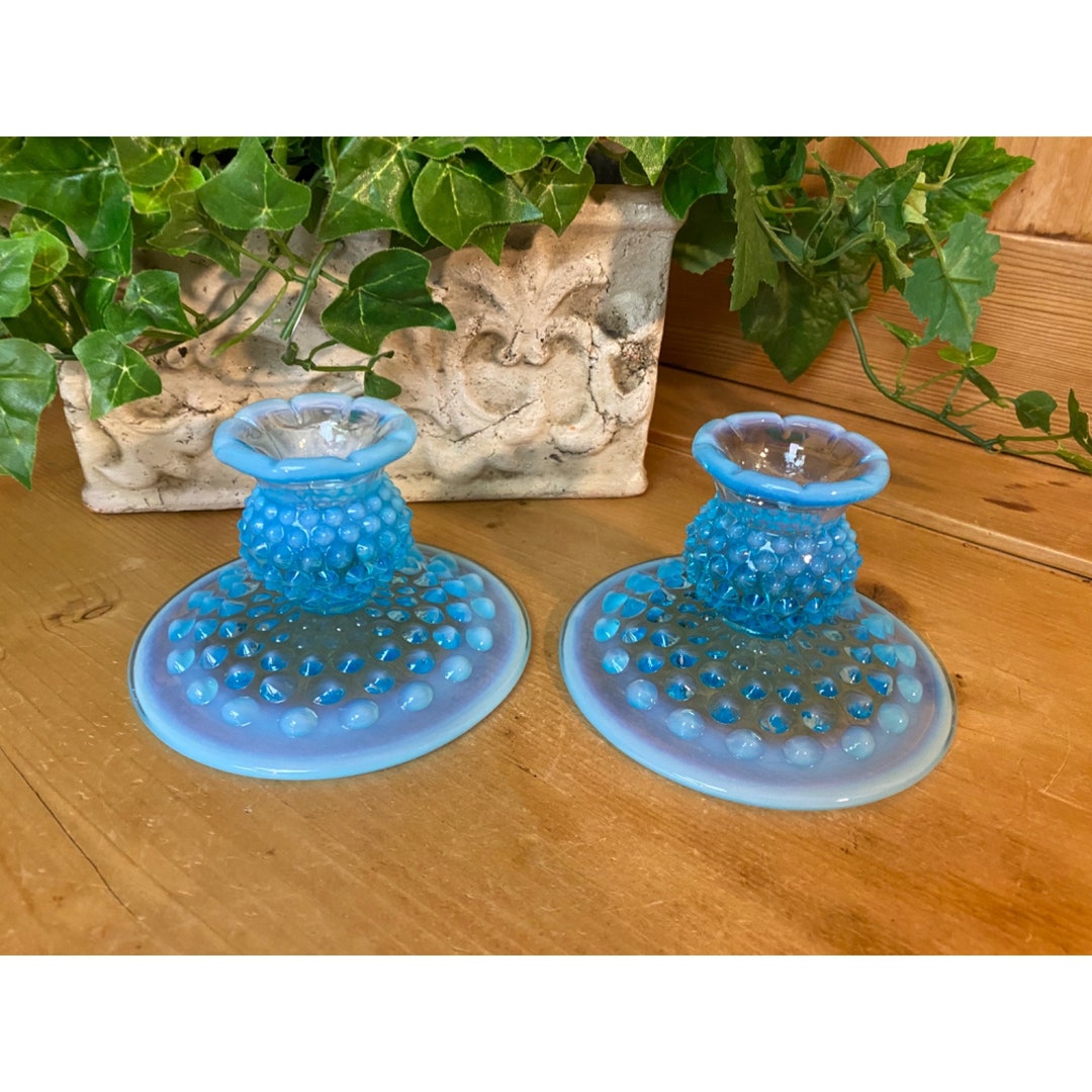 Vintage Fenton Blue Hobnail Glass Candle Holders - Set of Two ...