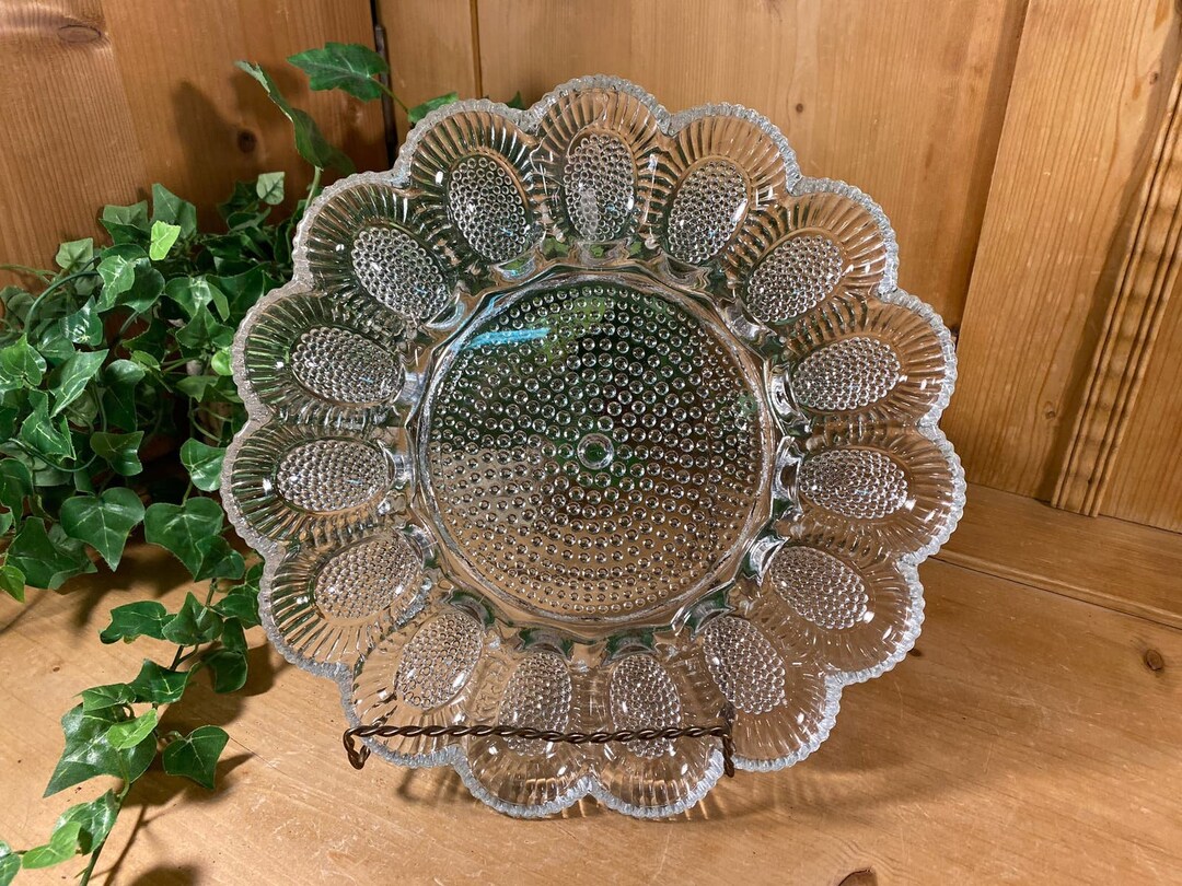 Vintage Round Glass Hobnail Egg Plate Clear Glass Egg Plate Deviled Egg ...