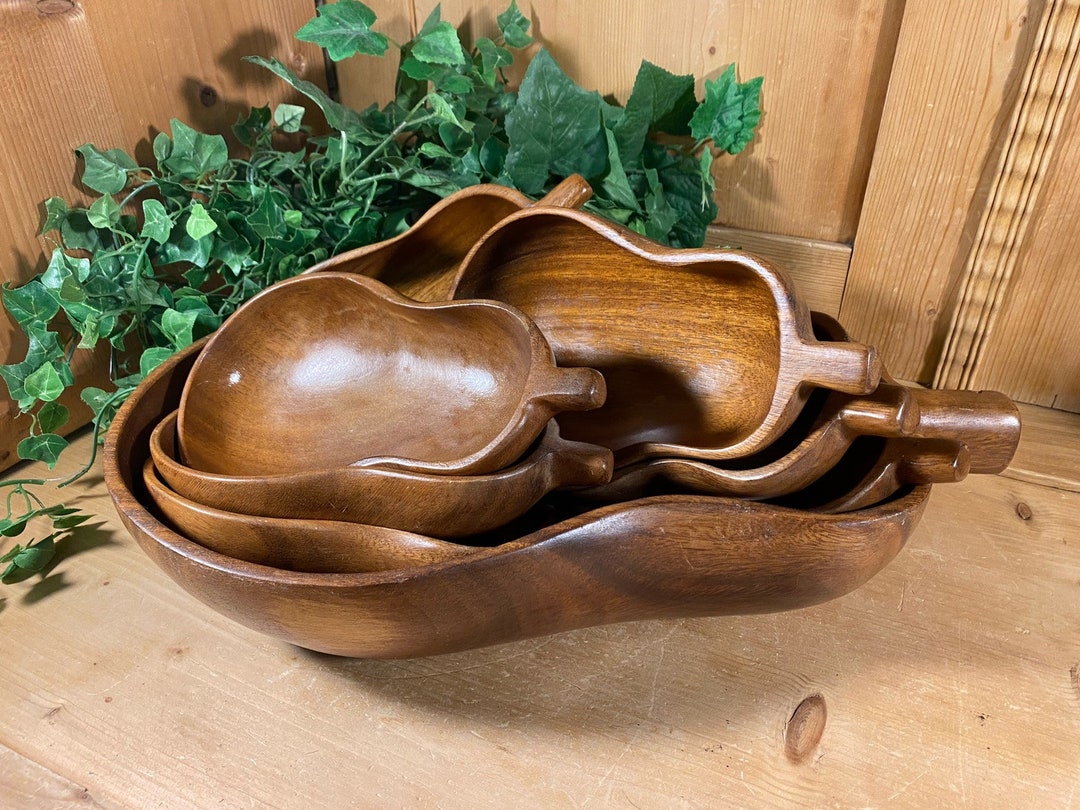 Vintage Wooden Pear Bowls Set - One Large Serving Bowl, 7 Salad Bowls ...
