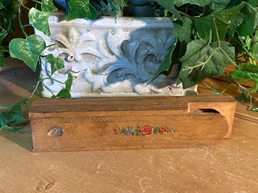 Vintage Wooden Pencil Box With Floral Accent Rotating Slide Top Wood ...