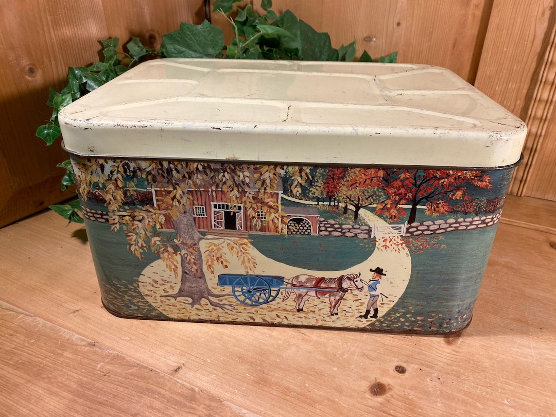 Vintage Farm Scene Metal Breadbox | Tin Canister Bread Box With Lid ...