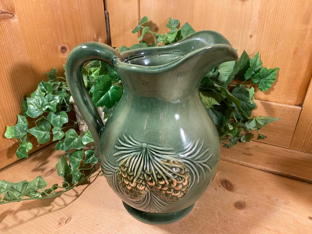 Vintage Green Majolica-style Ceramic Pitcher With Pinecones Forestcore ...