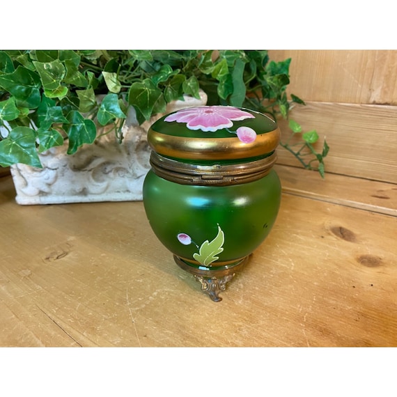 Antique Emerald Green Glass Trinket Box | 3 Footed Dr… - Gem