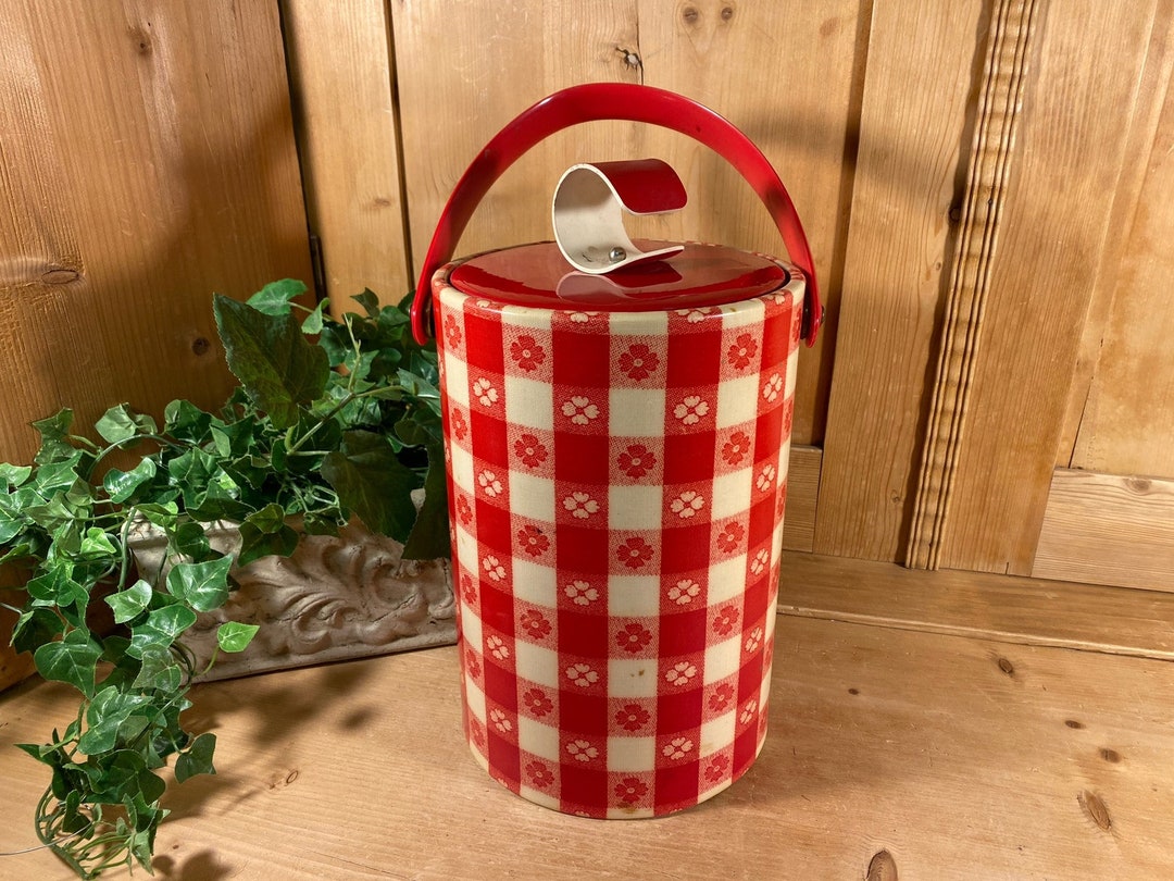 Vintage Red Picnic Plaid Cooler With Lid | Red + White Round Plastic ...