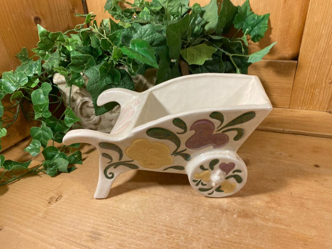 Vintage Flowered Ceramic Flower Cart Planter | White, Green, Yellow ...
