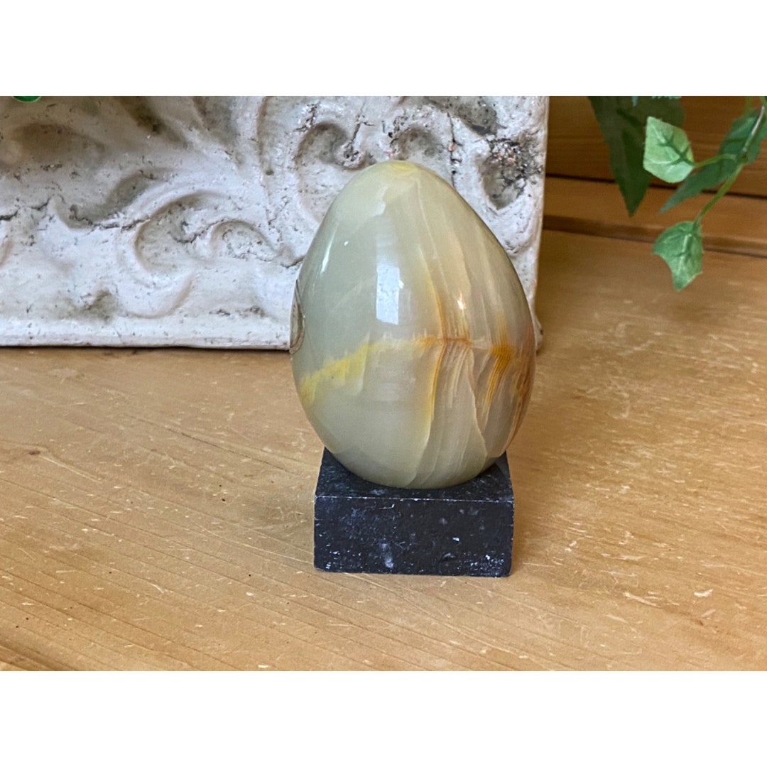 Vintage Marble Egg on Black Marble Stand | White, Cream and Brown Swirl ...