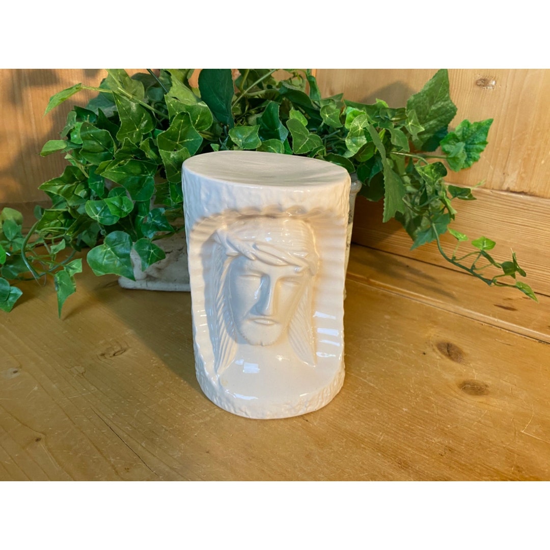 Vintage Jesus Face in Relief on Faux Log | Cream Glazed Ceramic Pottery ...