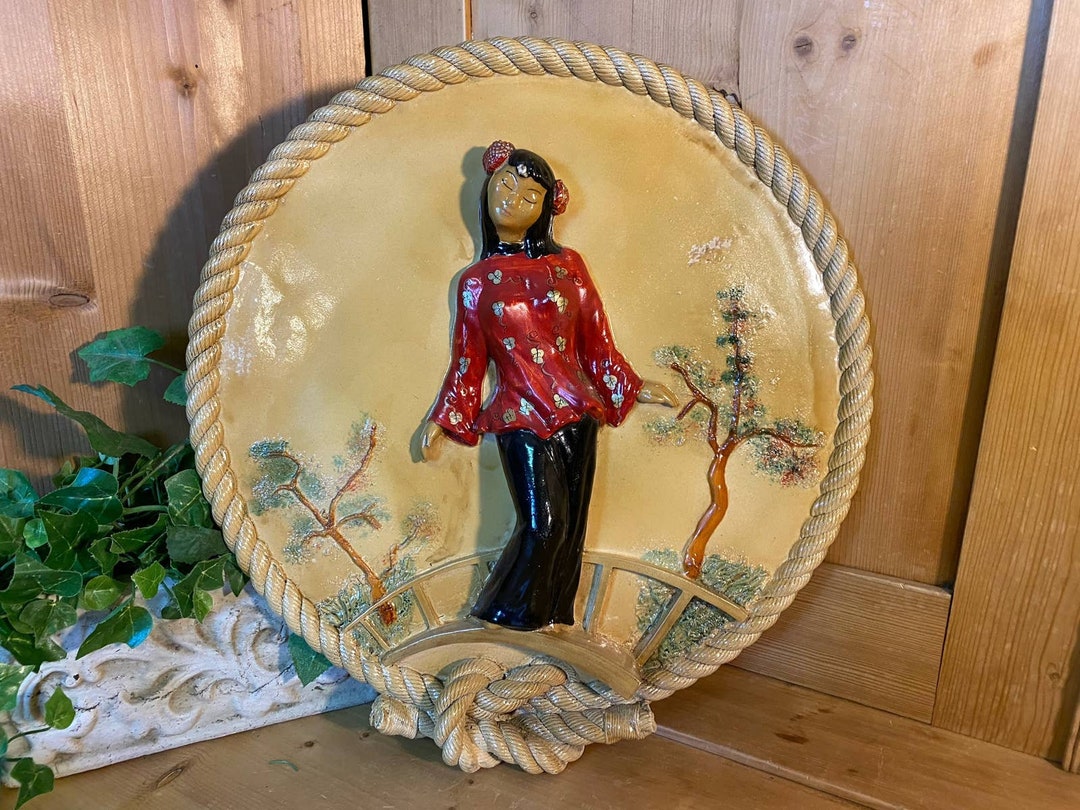 Vintage Asian Plaster Relief Plaque | Red + Black Figural Chinoiserie ...