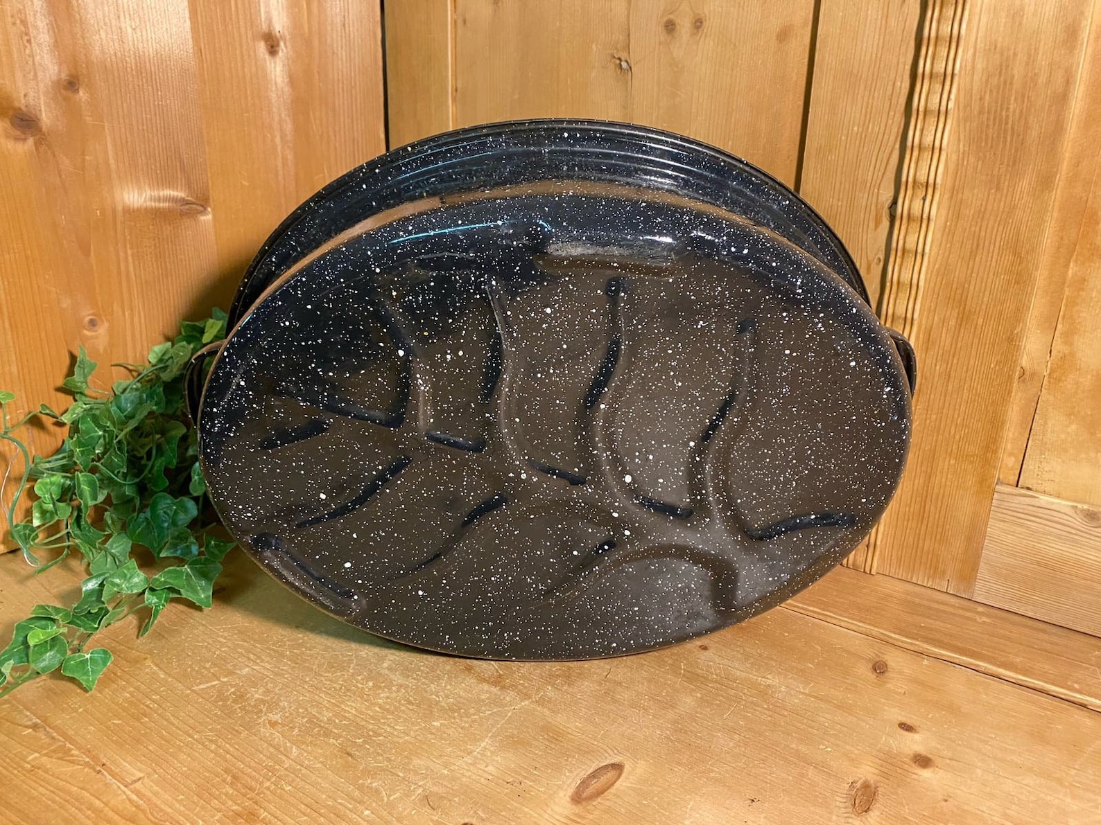 Vintage Black Speckled Enamel Roasting Pan With Cover | Large ...