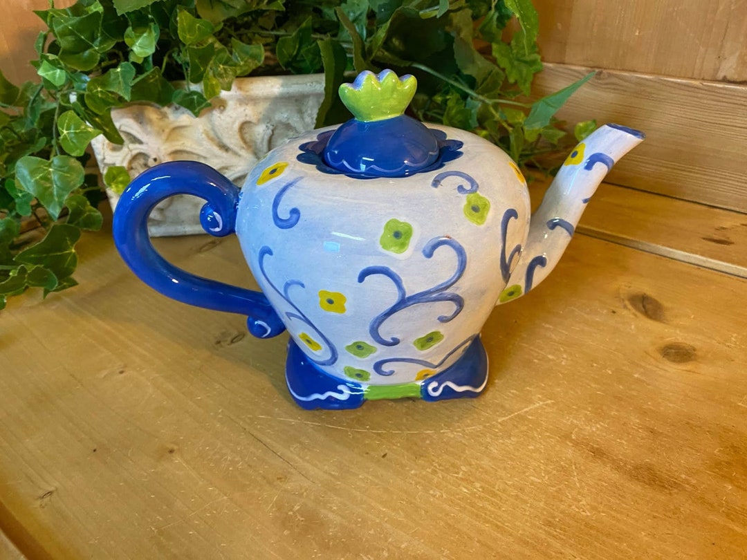 Vintage Handpainted Whimsical Ceramic Teapot | Kimberley Hodges | Blue ...