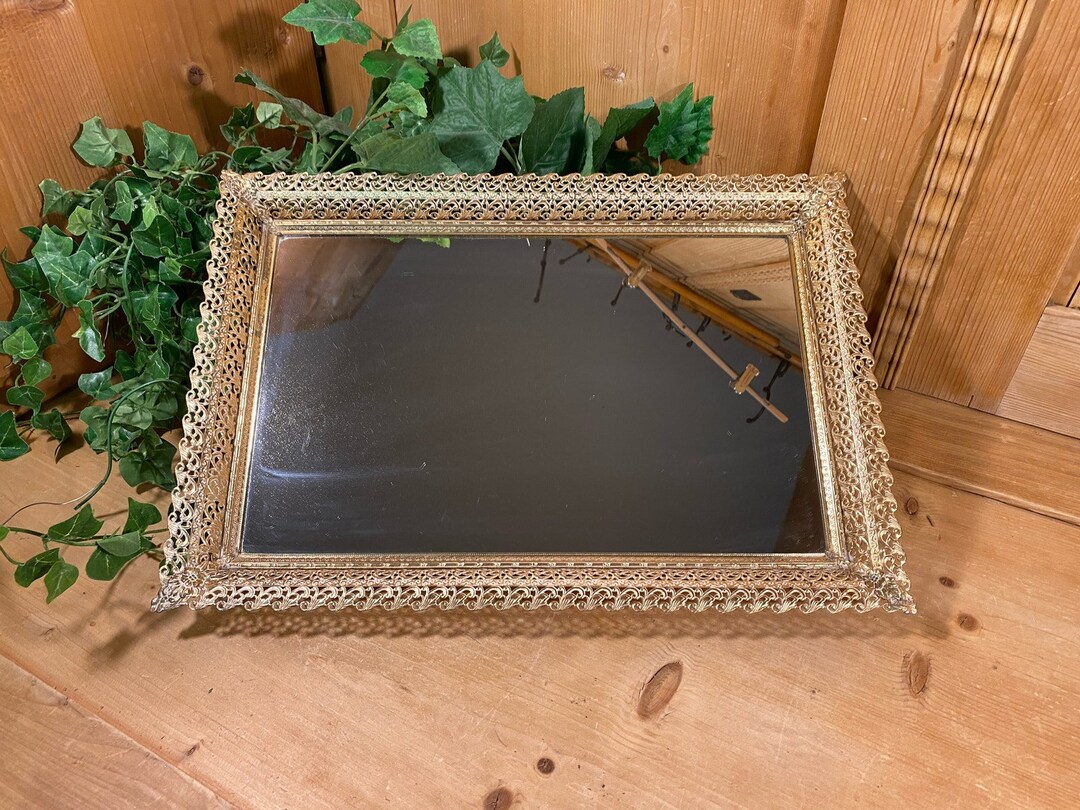 Vintage Rectangular Mirror Dresser Tray Midcentury Modern Vanity Decor ...
