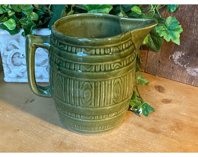 Vintage Green Pottery Barrel Design Pitcher | Stoneware Barrel Pitcher ...