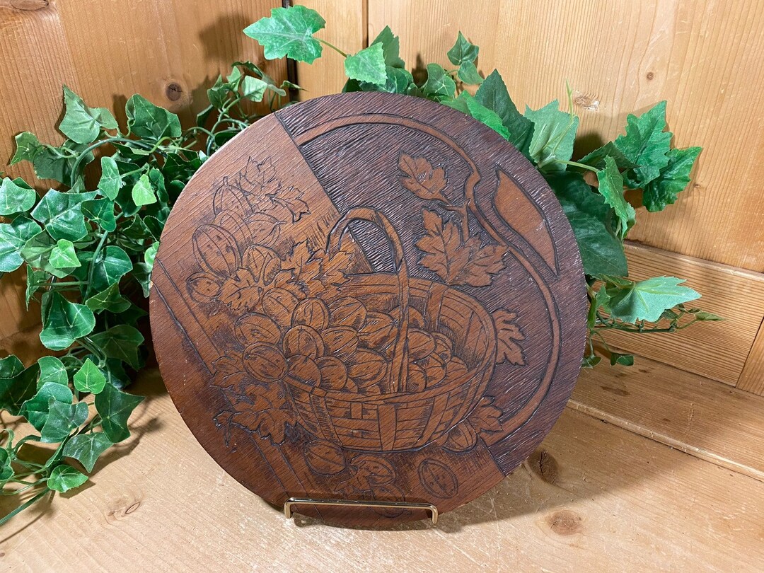 Vintage Wood Flemish Pyrography Art Carved Harvest Basket on Round ...