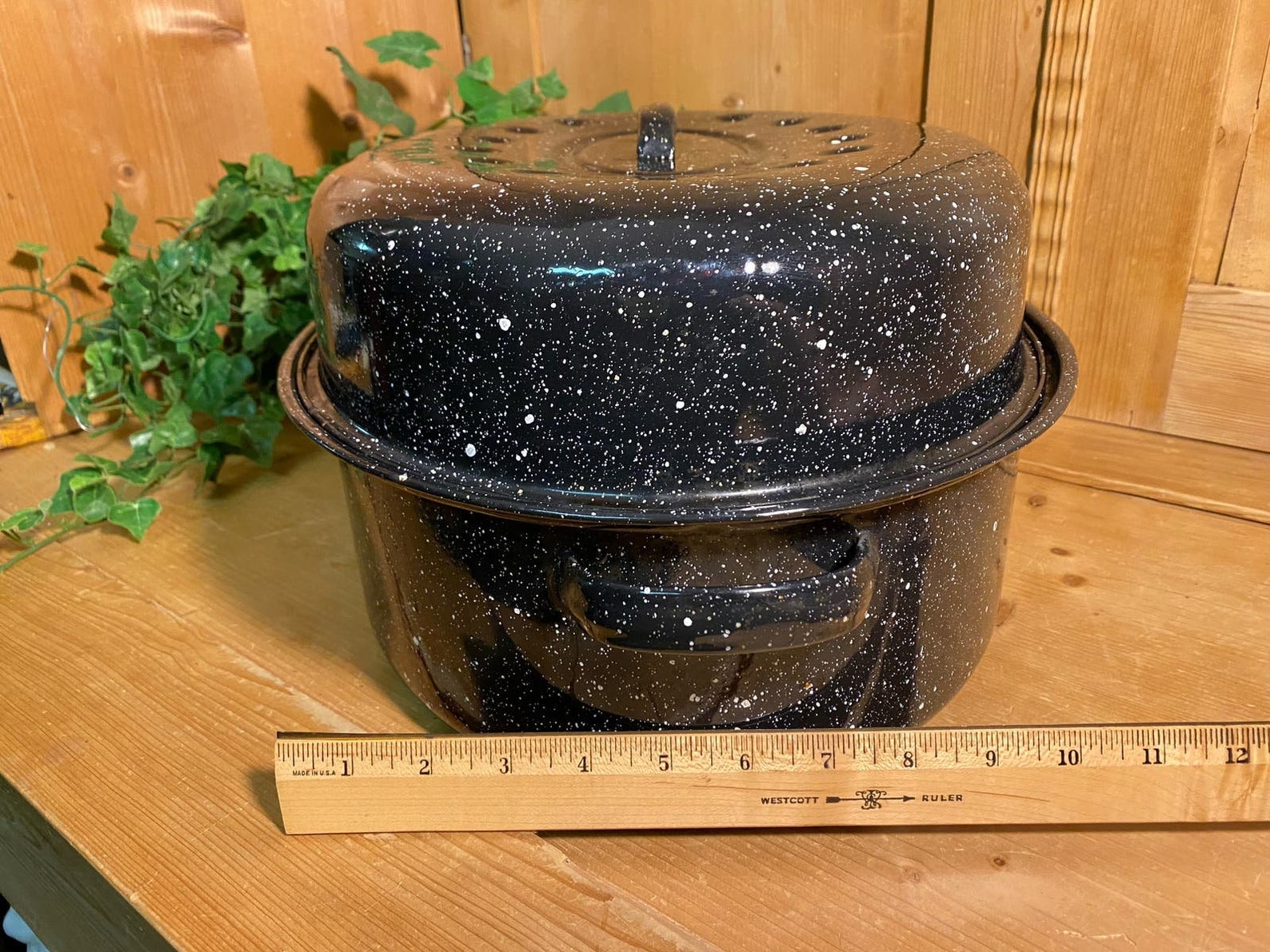 Vintage Black Speckled Enamel Roasting Pan With Cover | Large ...
