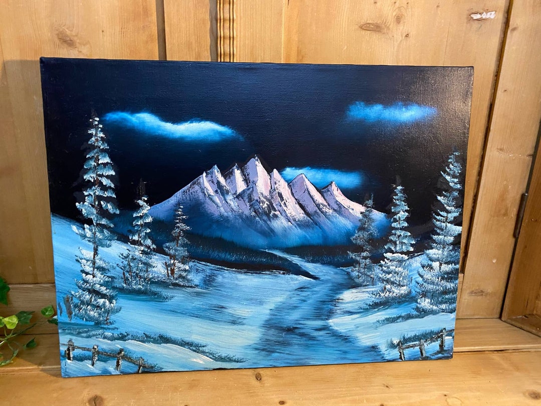 Vintage Original Artwork - Snowy Mountain Night Scene | Forestcore Wall ...