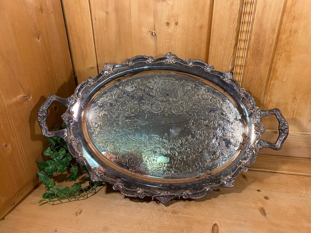 Vintage Heavy Oval Chippendale Silverplate Tray With Handles | Wes ...